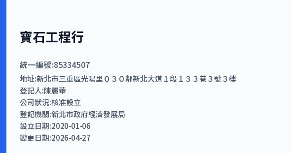 寶石工程行的照片-統編 85334507(新北市) 公司登記資料與營業項目詳細圖表