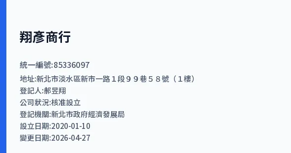 翔彥商行的照片-統編 85336097(新北市) 公司登記資料與營業項目詳細圖表