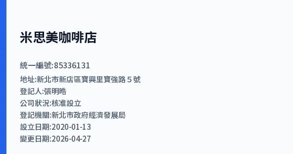 米思美咖啡店的照片-統編 85336131(新北市) 公司登記資料與營業項目詳細圖表
