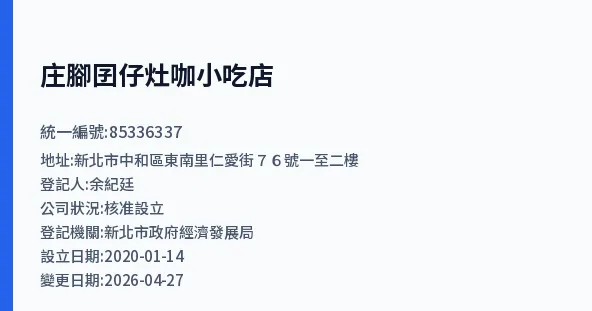 庄腳囝仔灶咖小吃店的照片-統編 85336337(新北市) 公司登記資料與營業項目詳細圖表