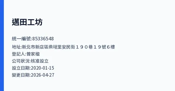邁田工坊的照片-統編 85336548(新北市) 公司登記資料與營業項目詳細圖表