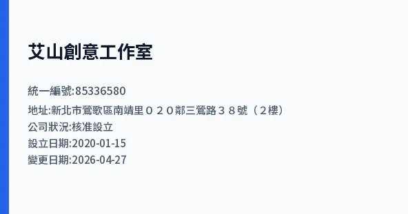 艾山創意工作室的照片-統編 85336580(新北市) 公司登記資料與營業項目詳細圖表