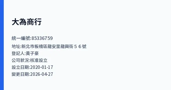 大為商行的照片-統編 85336759(新北市) 公司登記資料與營業項目詳細圖表