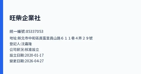 旺柴企業社的照片-統編 85337053(新北市) 公司登記資料與營業項目詳細圖表