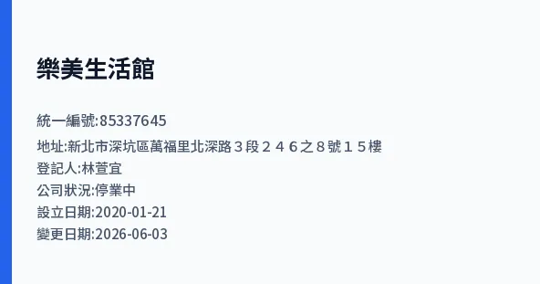 樂美生活館的照片-統編 85337645(新北市) 公司登記資料與營業項目詳細圖表