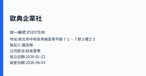 歐典企業社的照片-統編 85337808(新北市) 公司登記資料與營業項目詳細圖表