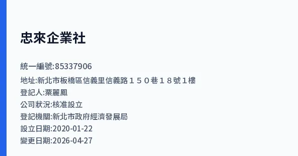 忠來企業社的照片-統編 85337906(新北市) 公司登記資料與營業項目詳細圖表