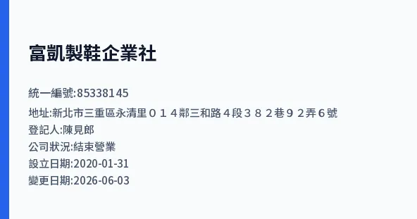富凱製鞋企業社的照片-統編 85338145(新北市) 公司登記資料與營業項目詳細圖表