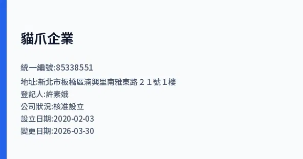 貓爪企業的照片-統編 85338551(新北市) 公司登記資料與營業項目詳細圖表