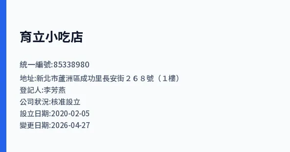 育立小吃店的照片-統編 85338980(新北市) 公司登記資料與營業項目詳細圖表