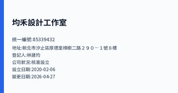 均禾設計工作室的照片-統編 85339432(新北市) 公司登記資料與營業項目詳細圖表