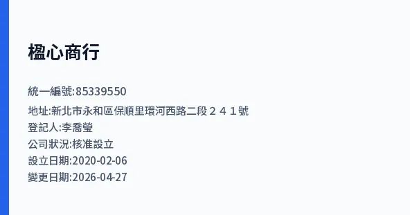 楹心商行的照片-統編 85339550(新北市) 公司登記資料與營業項目詳細圖表