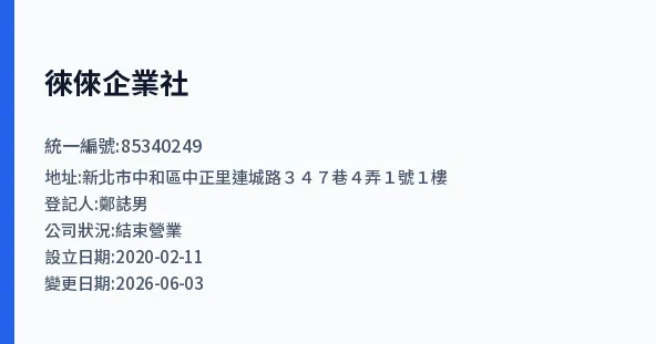 徠倈企業社的照片-統編 85340249(新北市) 公司登記資料與營業項目詳細圖表