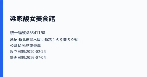 梁家馥女美食館的照片-統編 85341198(新北市) 公司登記資料與營業項目詳細圖表