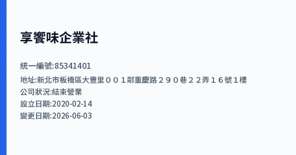 享饗味企業社的照片-統編 85341401(新北市) 公司登記資料與營業項目詳細圖表