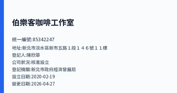 伯樂客咖啡工作室的照片-統編 85342247(新北市) 公司登記資料與營業項目詳細圖表