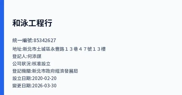 和泳工程行的照片-統編 85342627(新北市) 公司登記資料與營業項目詳細圖表