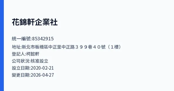 花錦軒企業社的照片-統編 85342915(新北市) 公司登記資料與營業項目詳細圖表