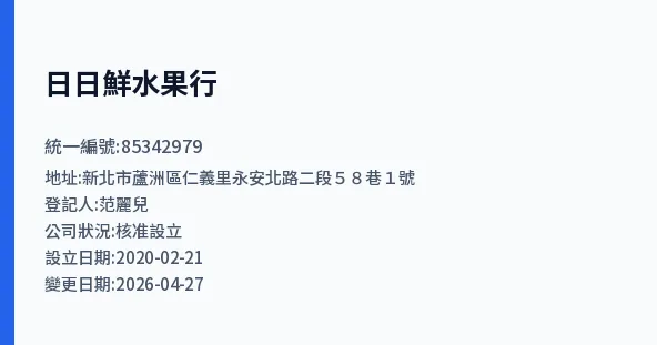 日日鮮水果行的照片-統編 85342979(新北市) 公司登記資料與營業項目詳細圖表