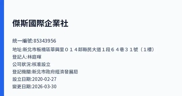 傑斯國際企業社的照片-統編 85343956(新北市) 公司登記資料與營業項目詳細圖表