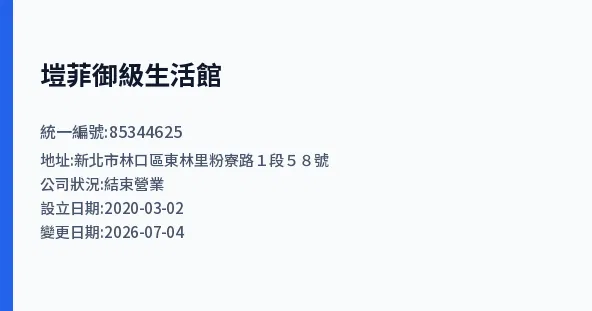 塏菲御級生活館的照片-統編 85344625(新北市) 公司登記資料與營業項目詳細圖表