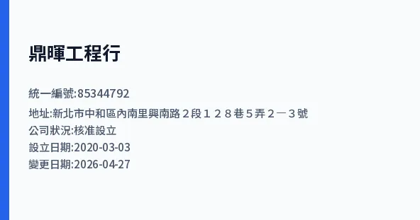 鼎暉工程行的照片-統編 85344792(新北市) 公司登記資料與營業項目詳細圖表