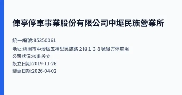 俥亭停車事業股份有限公司中壢民族營業所的照片-統編 85350061(桃園市) 公司登記資料與營業項目詳細圖表