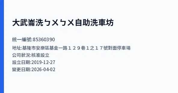 大武崙洗ㄅㄨㄅㄨ自助洗車坊的照片-統編 85360390(基隆市) 公司登記資料與營業項目詳細圖表