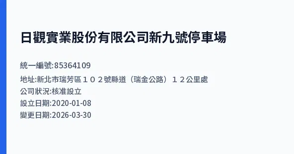 日觀實業股份有限公司新九號停車場的照片-統編 85364109(新北市) 公司登記資料與營業項目詳細圖表