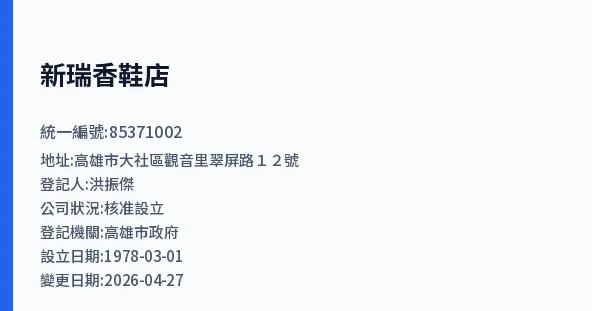 新瑞香鞋店的照片-統編 85371002(高雄市) 公司登記資料與營業項目詳細圖表