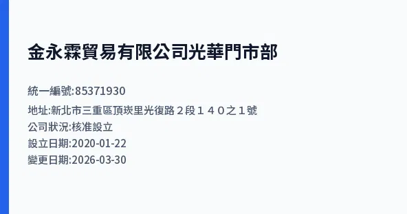 金永霖貿易有限公司光華門市部的照片-統編 85371930(新北市) 公司登記資料與營業項目詳細圖表