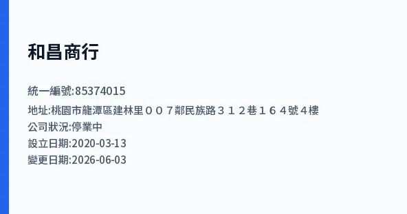 和昌商行的照片-統編 85374015(桃園市) 公司登記資料與營業項目詳細圖表