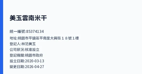美玉雲南米干的照片-統編 85374134(桃園市) 公司登記資料與營業項目詳細圖表