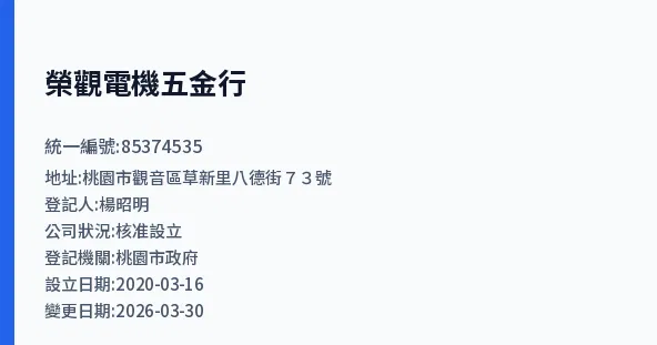 榮觀電機五金行的照片-統編 85374535(桃園市) 公司登記資料與營業項目詳細圖表