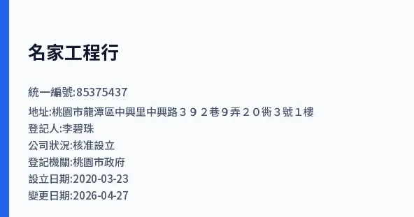 名家工程行的照片-統編 85375437(桃園市) 公司登記資料與營業項目詳細圖表