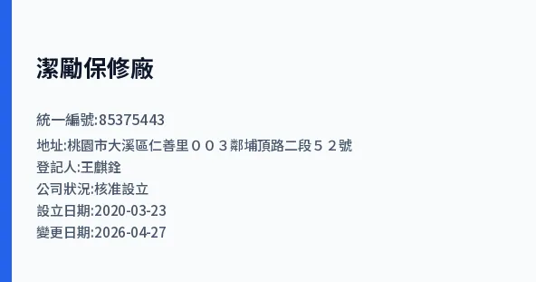 潔勵保修廠的照片-統編 85375443(桃園市) 公司登記資料與營業項目詳細圖表