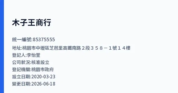 木子王商行的照片-統編 85375555(桃園市) 公司登記資料與營業項目詳細圖表