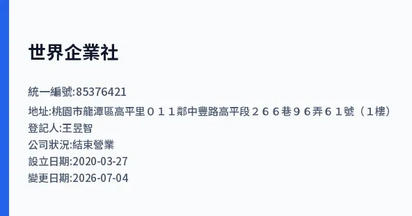 世界企業社的照片-統編 85376421(桃園市) 公司登記資料與營業項目詳細圖表