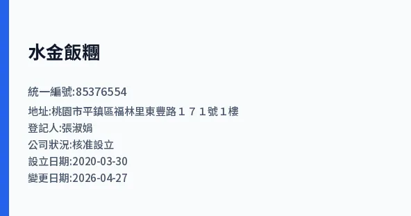 水金飯糰的照片-統編 85376554(桃園市) 公司登記資料與營業項目詳細圖表