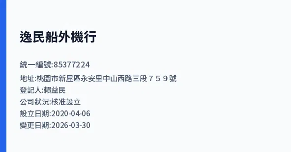 逸民船外機行的照片-統編 85377224(桃園市) 公司登記資料與營業項目詳細圖表