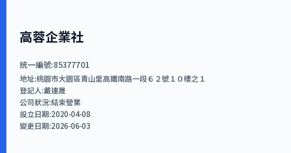 高蓉企業社的照片-統編 85377701(桃園市) 公司登記資料與營業項目詳細圖表