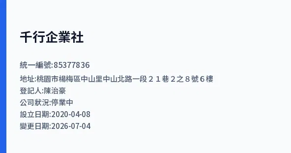 千行企業社的照片-統編 85377836(桃園市) 公司登記資料與營業項目詳細圖表