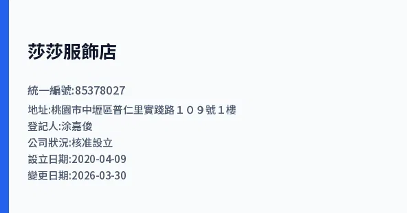 莎莎服飾店的照片-統編 85378027(桃園市) 公司登記資料與營業項目詳細圖表