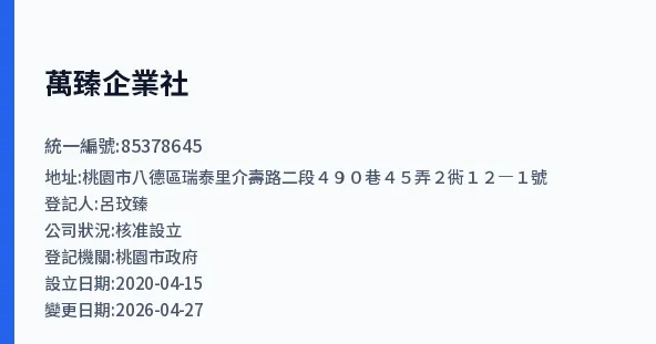 萬臻企業社的照片-統編 85378645(桃園市) 公司登記資料與營業項目詳細圖表