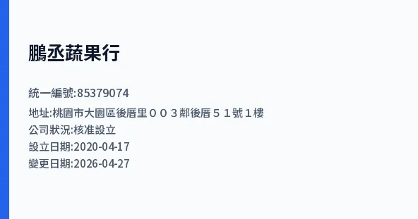 鵬丞蔬果行的照片-統編 85379074(桃園市) 公司登記資料與營業項目詳細圖表