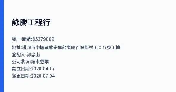 詠勝工程行的照片-統編 85379089(桃園市) 公司登記資料與營業項目詳細圖表