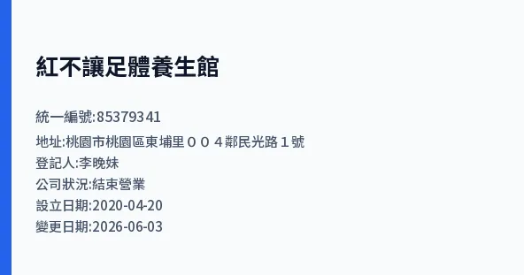 紅不讓足體養生館的照片-統編 85379341(桃園市) 公司登記資料與營業項目詳細圖表
