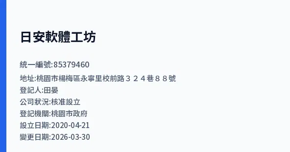 日安軟體工坊的照片-統編 85379460(桃園市) 公司登記資料與營業項目詳細圖表
