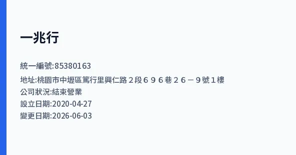 一兆行的照片-統編 85380163(桃園市) 公司登記資料與營業項目詳細圖表