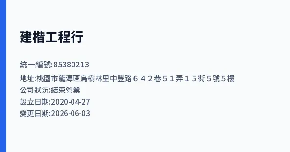 建楷工程行的照片-統編 85380213(桃園市) 公司登記資料與營業項目詳細圖表